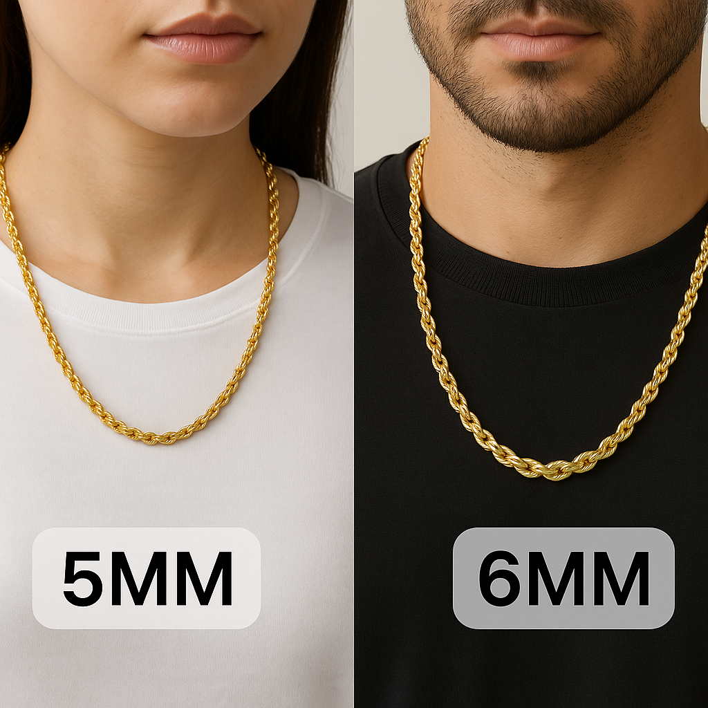 Visual Difference: 5mm vs 7mm Rope Chain for Women & Men